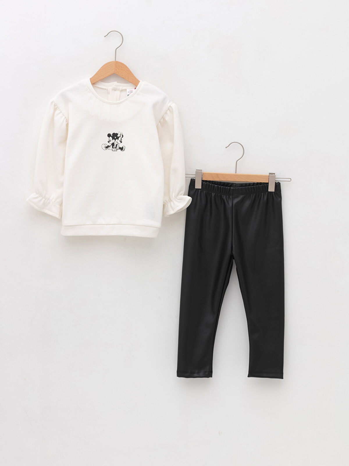 Bisiklet Yaka Uzun Kollu Minnie ve Mickey Mouse Baskılı Kız Bebek Sweatshirt ve Tayt Pantolon 2'li Takım