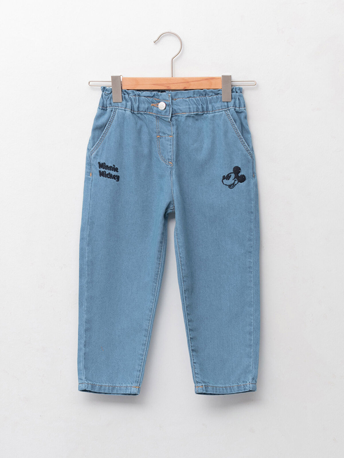 Beli Lastikli Minnie Mouse Nakışlı Kız Bebek Jean Pantolon