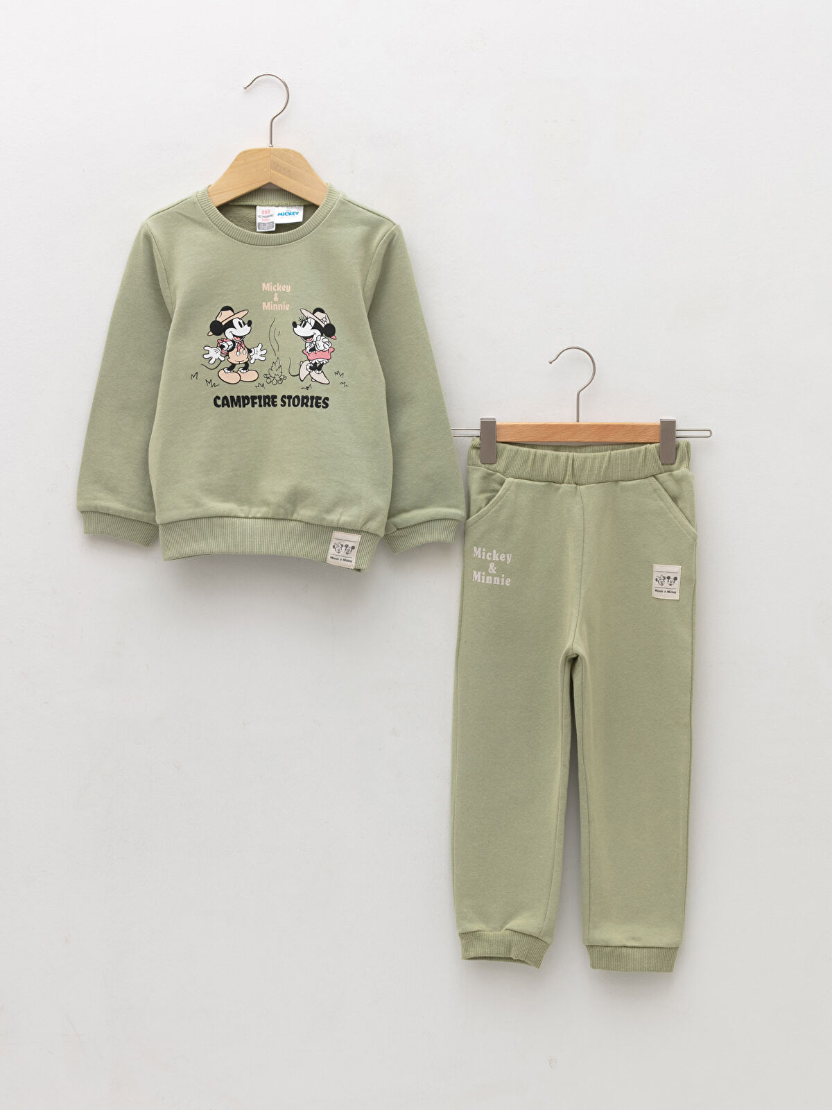 Bisiklet Yaka Uzun Kollu Minnie ve Mickey Mouse Baskılı Kız Bebek Sweatshirt ve Pantolon 2'li Takım