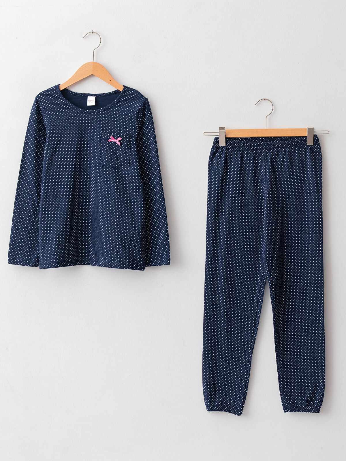 Bisiklet Yaka Puantiyeli Uzun Kollu Pamuklu Kız Çocuk Pijama Takımı