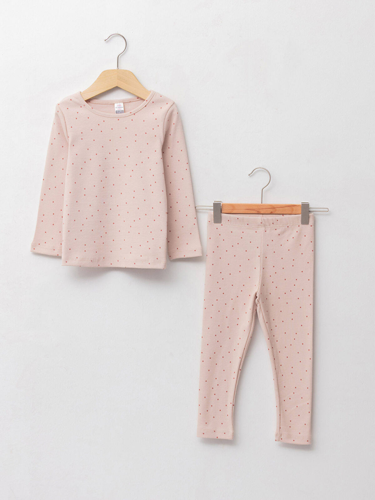 Bisiklet Yaka Uzun Kollu Puantiye Desenli Kız Bebek  Tişört ve Tayt 2'li Tayt