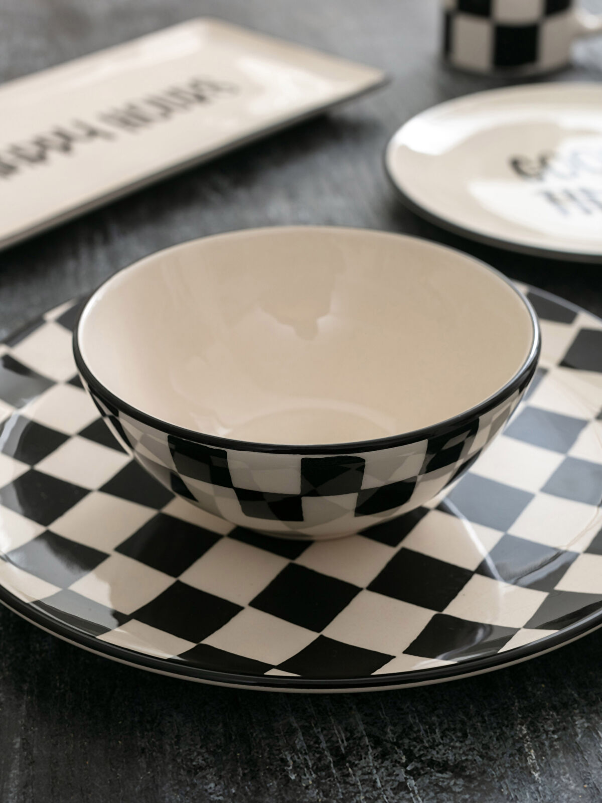 Ekose Desenli Seramik Kase 15 Cm