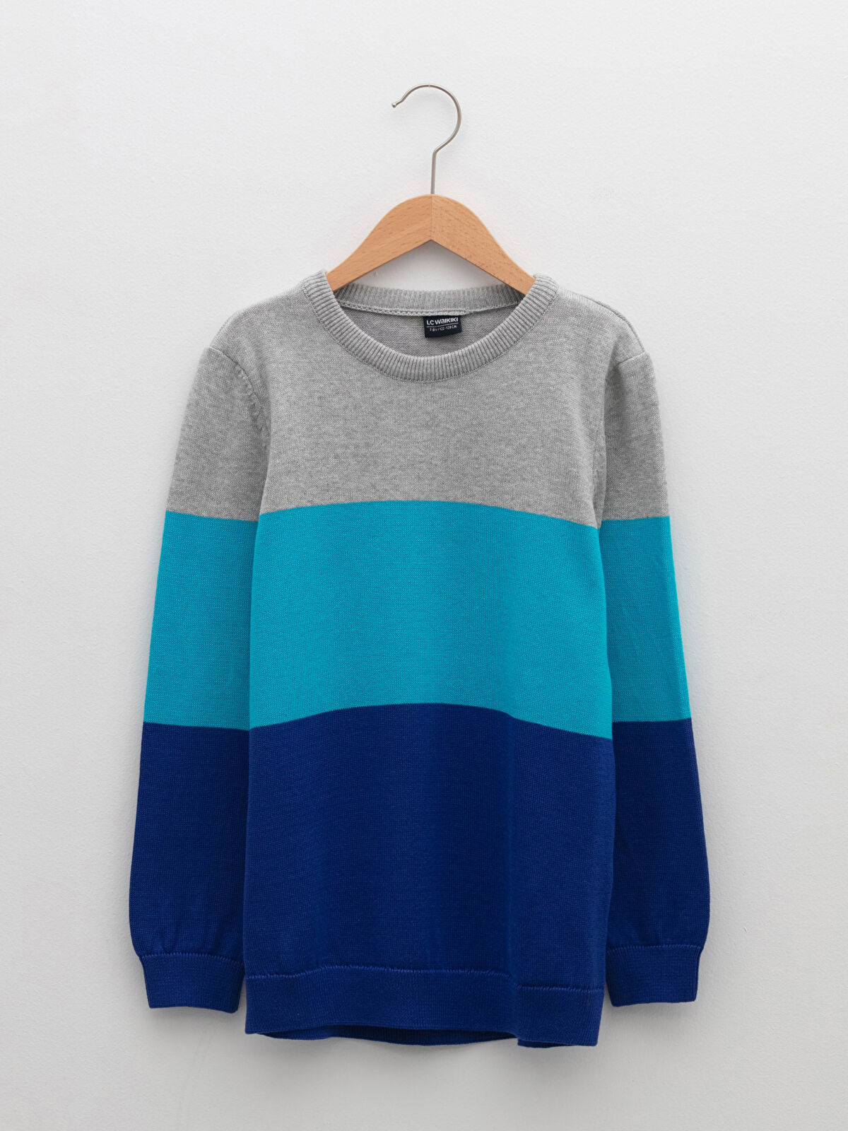 Bisiklet Yaka Renk Bloklu Uzun Kollu Erkek Çocuk İnce Triko Kazak