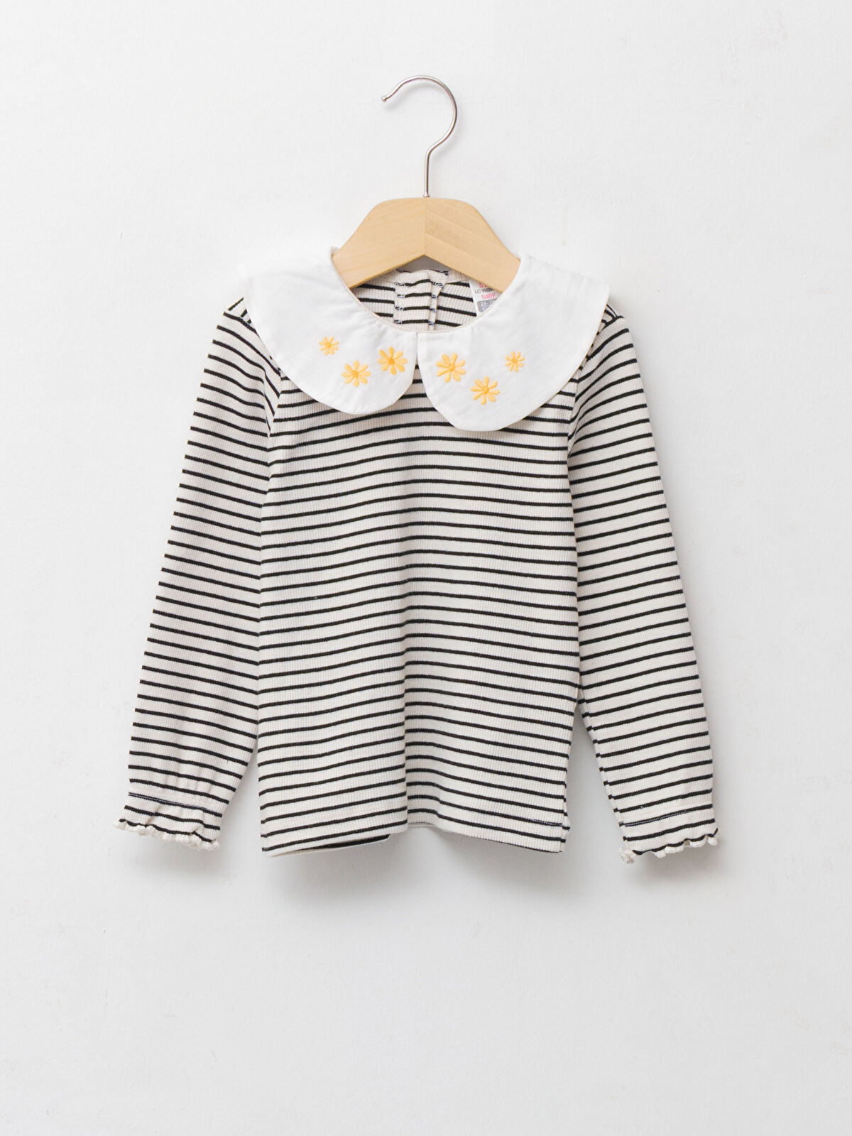 Bebe Yaka Uzun Kol Çizgili Pamuklu Kız Bebek Tişört