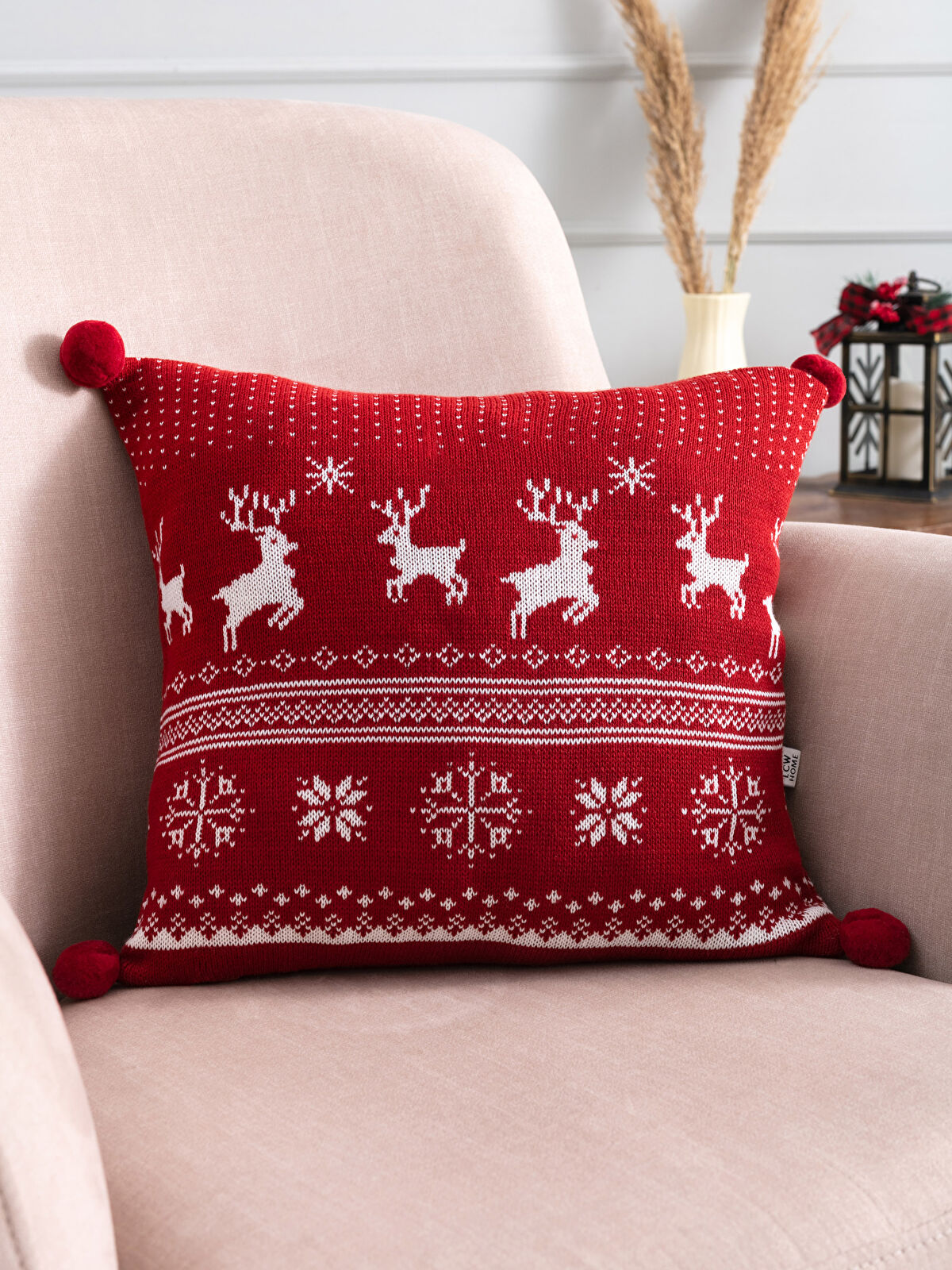 Yılbaşı Temalı Ponponlu Triko Kırlent Kılıfı 45x45 Cm