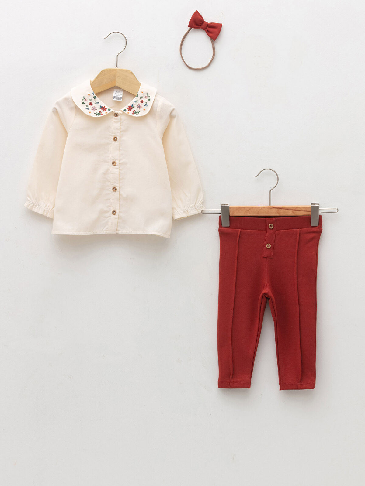 Bebe Yaka Uzun Kollu Bluz Pantolon ve Saç Bandı Kız Bebek 3'lü Takım