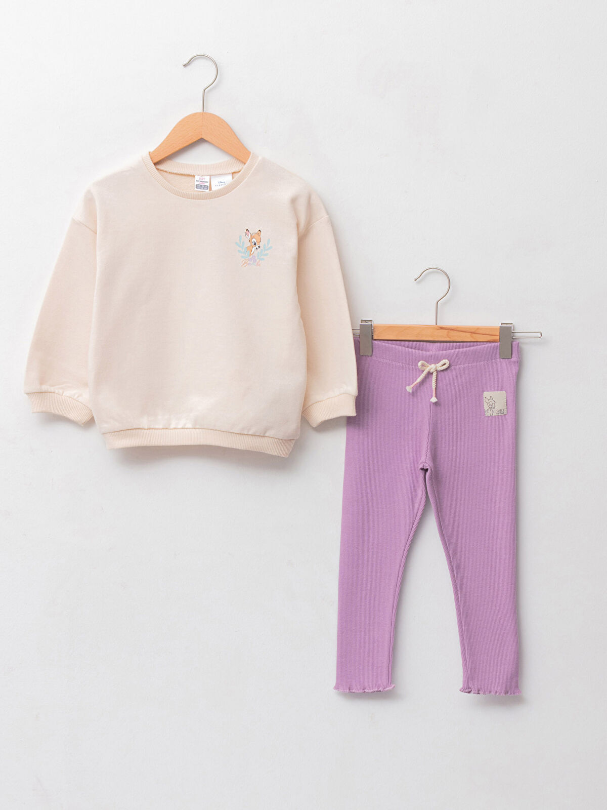 Bisiklet Yaka Uzun Kollu Kız Bebek Bambi Baskılı Sweatshirt ve Tayt 2'li Takım