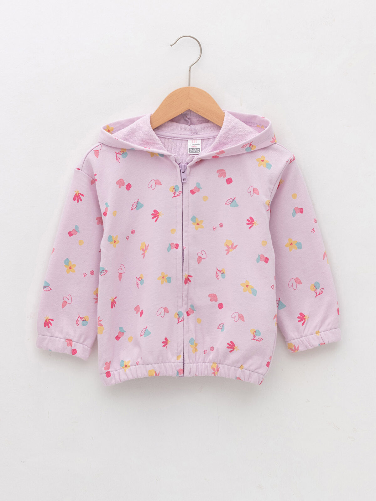 Kapüşonlu Uzun Kollu Desenli Pamuklu Kız Bebek Fermuarlı Sweatshirt