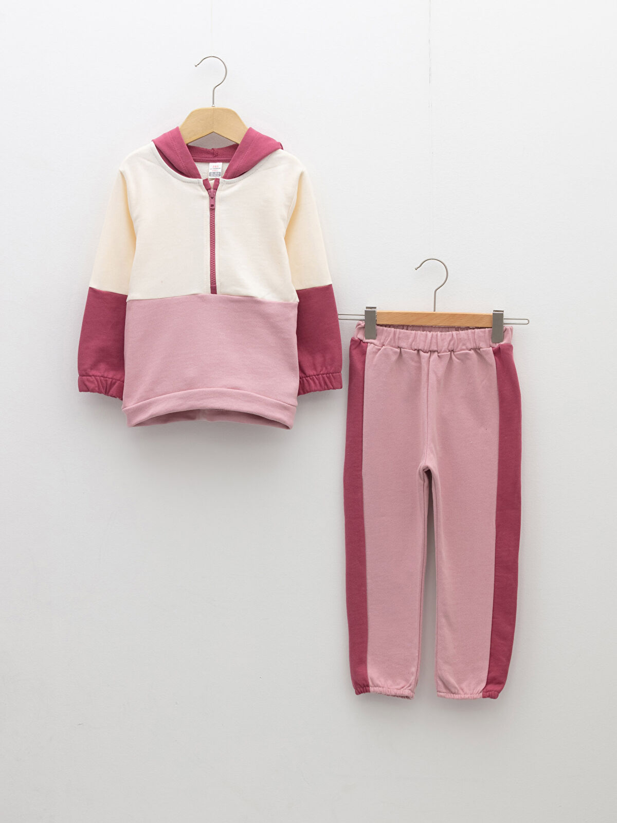 Kapüşonlu Uzun Kollu Renk Bloklu Kız Bebek Sweatshirt ve Eşofman Alt 2'li Takım