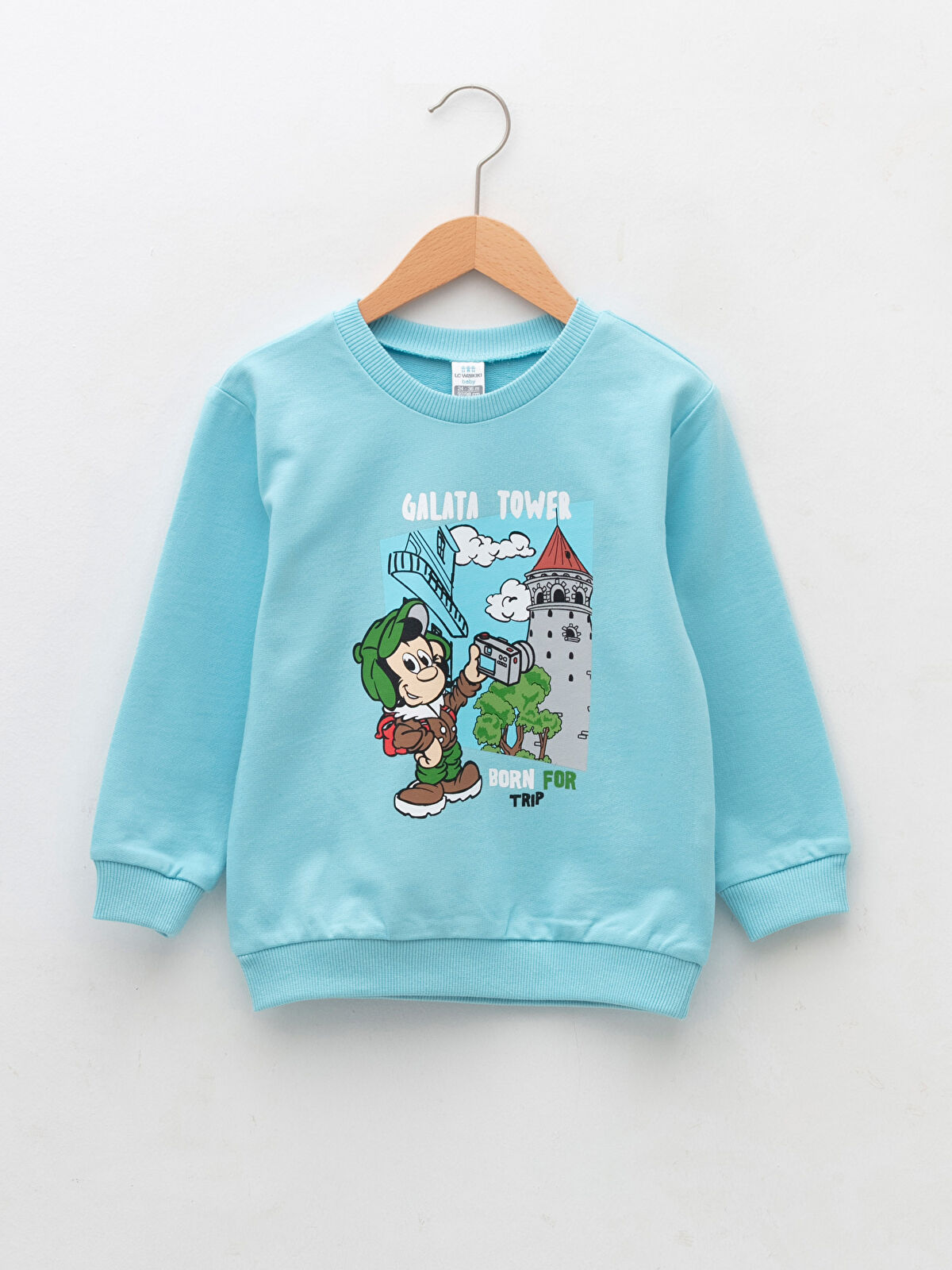 Bisiklet Yaka Uzun Kollu Nostaljik Maymun Baskılı Erkek Bebek Sweatshirt