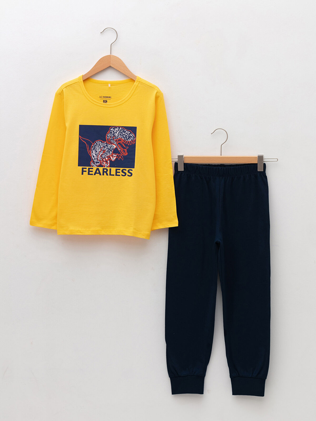 Bisiklet Yaka Dinazor Baskılı Uzun Kollu Pamuklu Erkek Çocuk Pijama Takımı