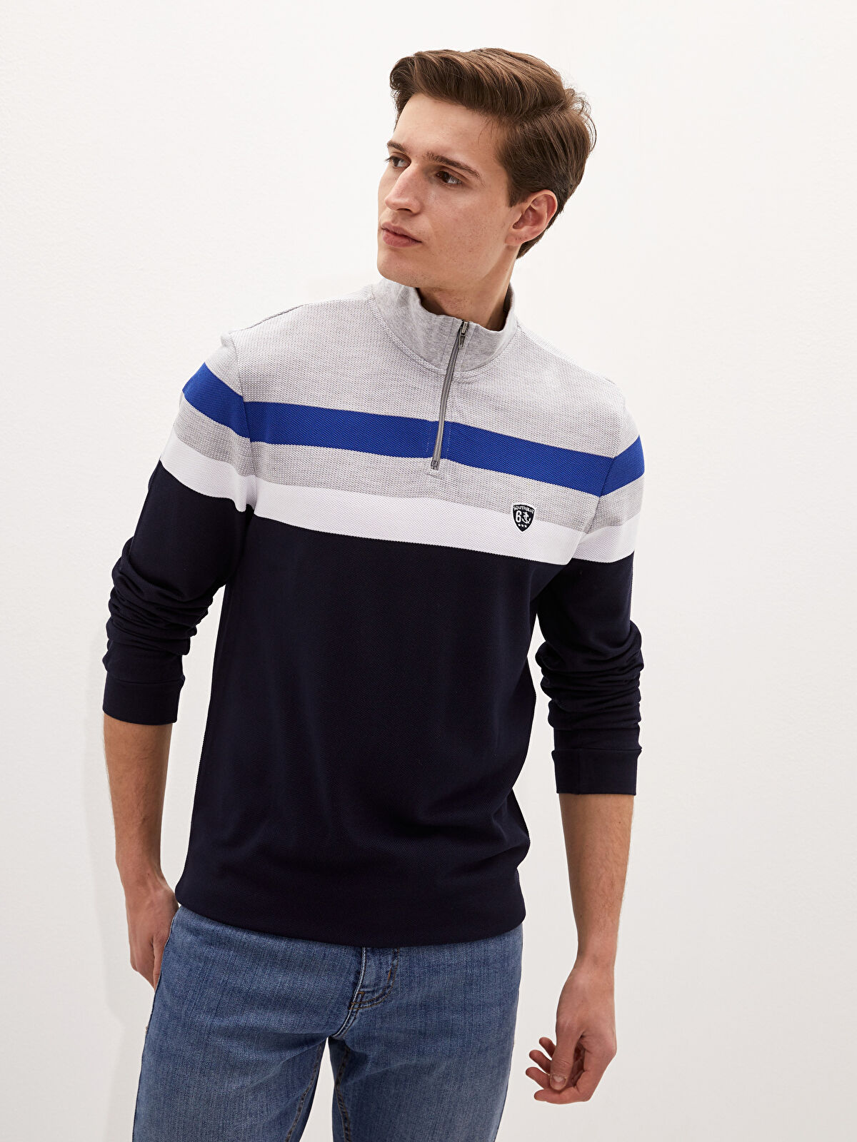 LCW CLASSIC Dik Yaka Uzun Kollu Çizgili Erkek Sweatshirt