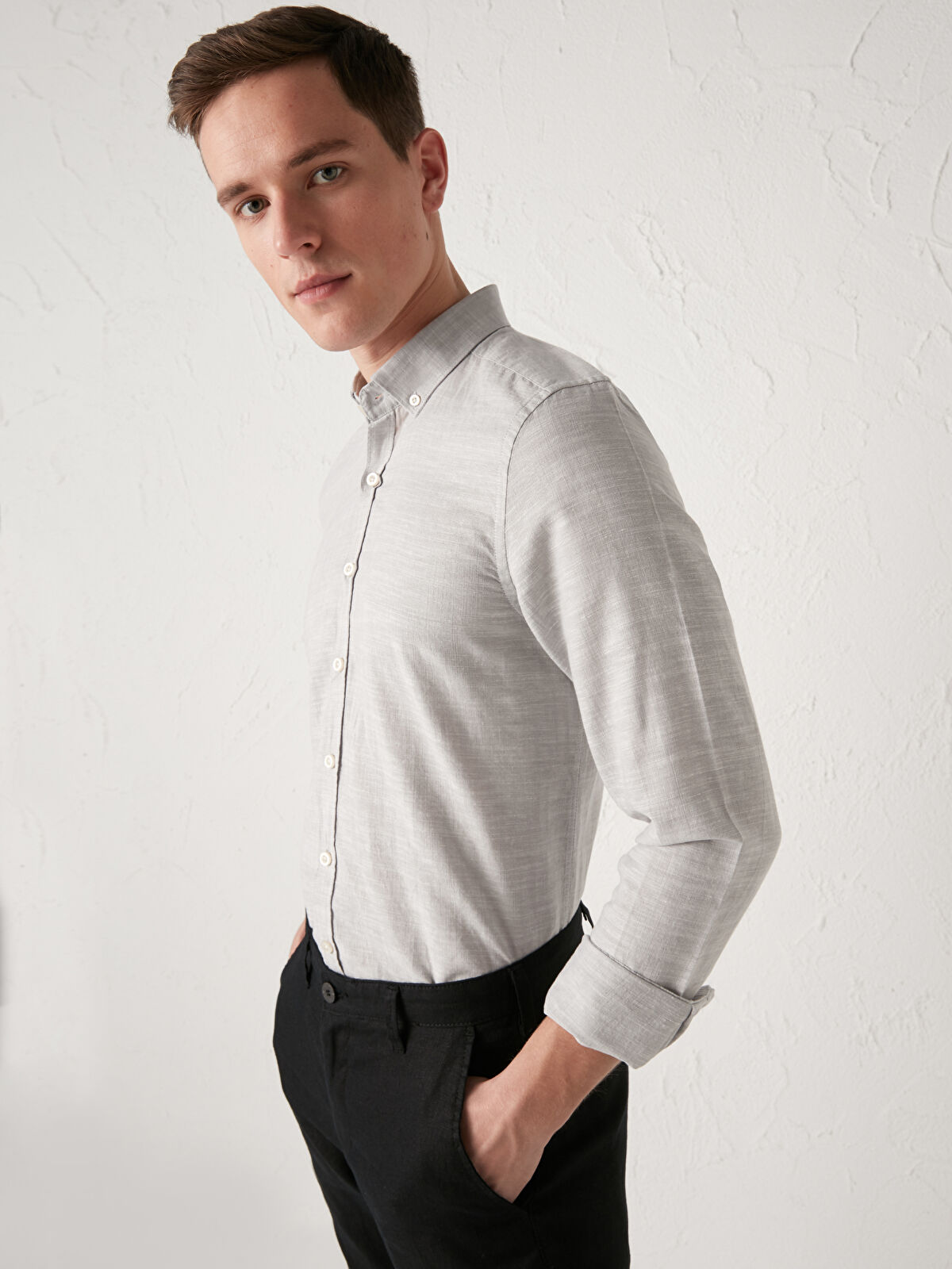 LCW BASIC Slim Fit Uzun Kollu Keten Gömlek