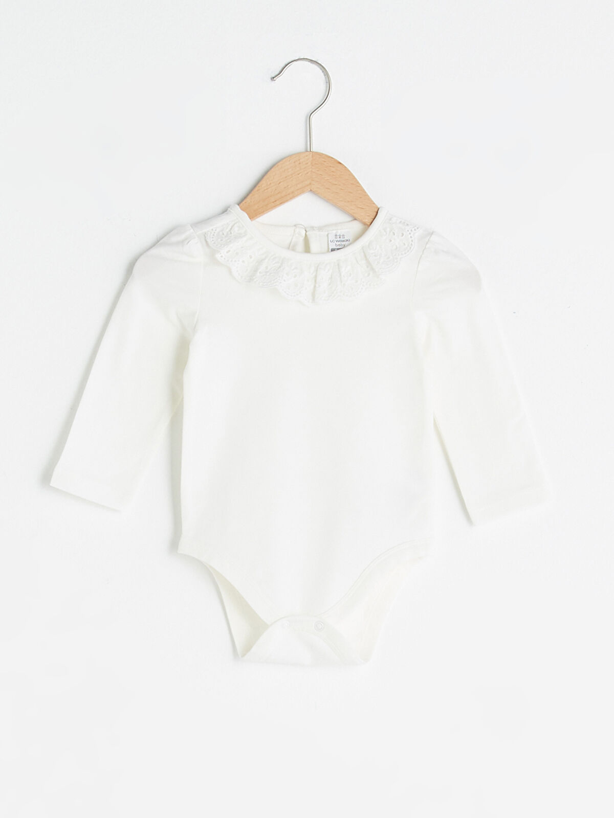 Fırfır Detaylı Bisiklet Yaka Uzun Kollu Pamuklu Kız Bebek Çıtçıtlı Body