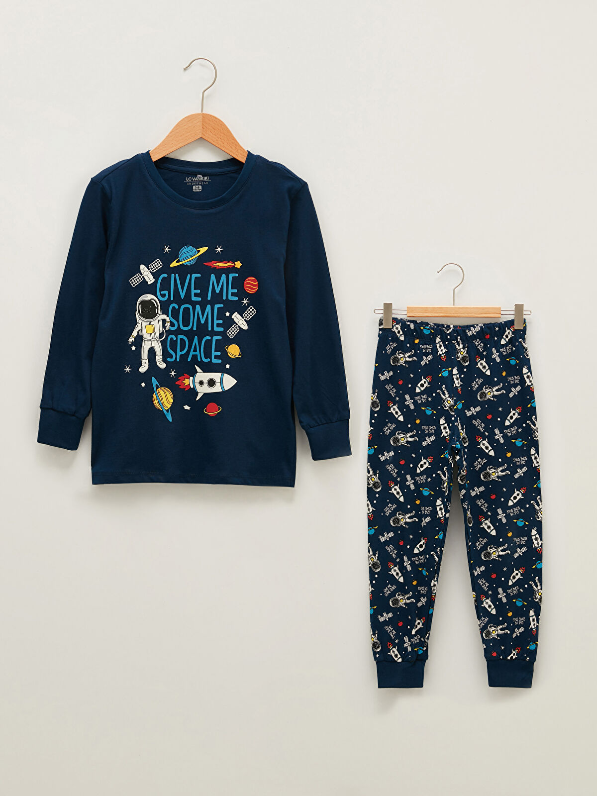 Bisiklet Yaka Karanlıkta Parlayan Baskılı Uzun Kollu Pamuklu Erkek Çocuk Pijama Takımı