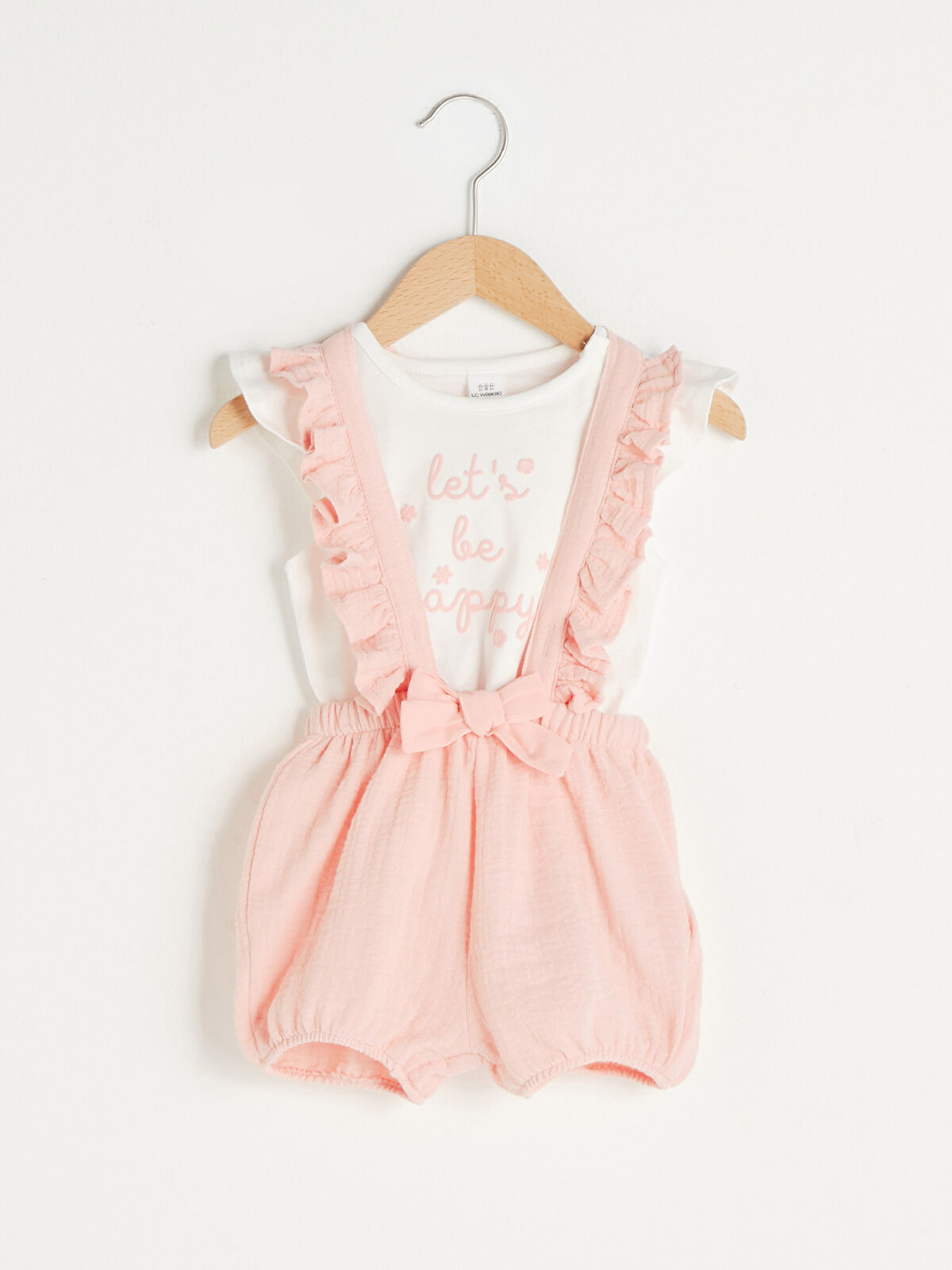 Bisiklet Yaka Baskılı Kısa Kollu Fırfır Detaylı Kız Bebek Şortlu Salopet ve Tişört Takım 2'li