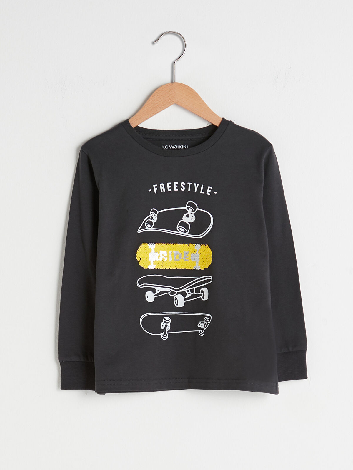 Bisiklet Yaka Baskılı Çift Yönlü Payetli Uzun Kollu Pamuklu Erkek Çocuk Tişört