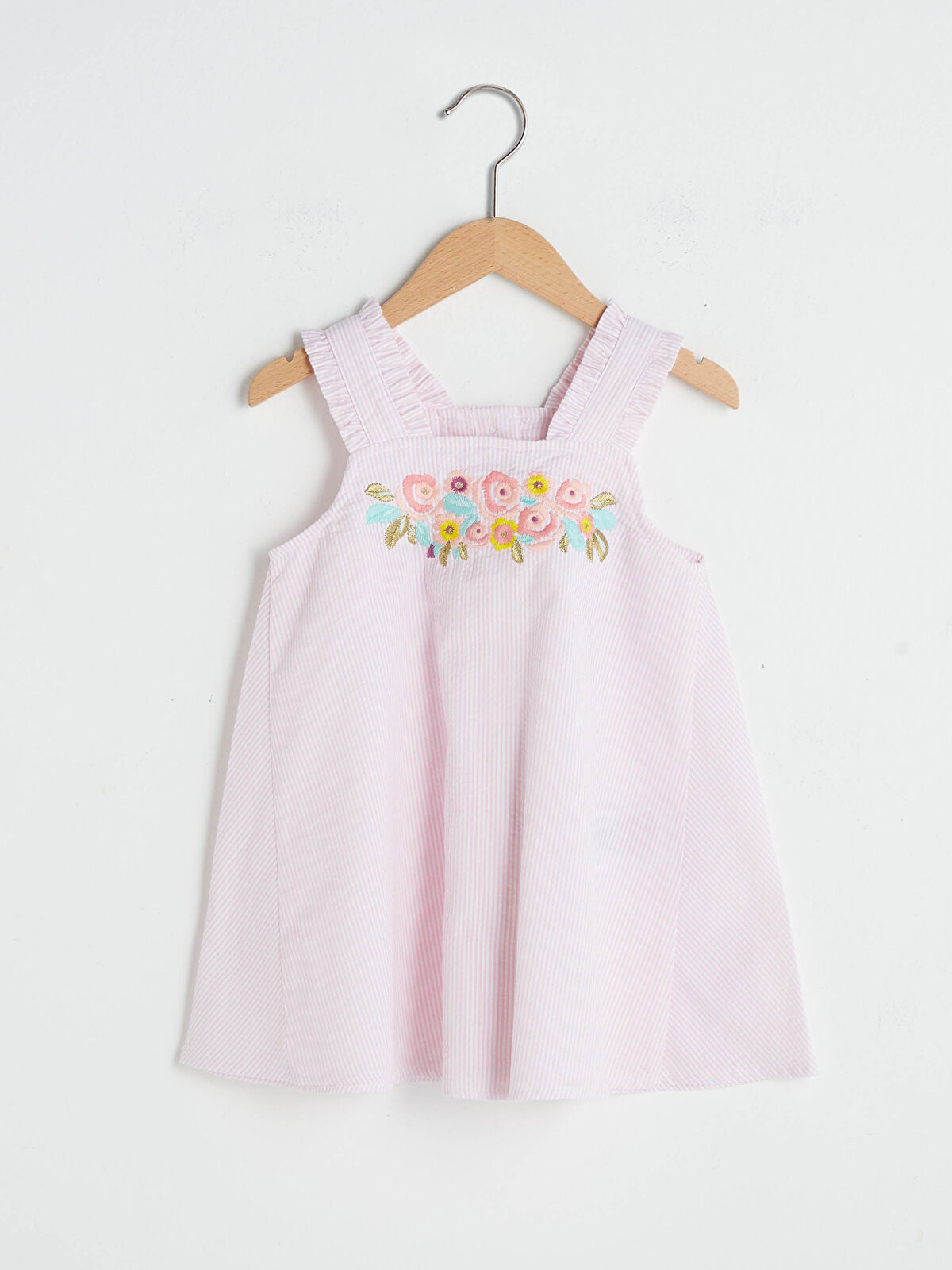 Askılı Kare Yaka Çizgili Nakış Detaylı Pamuklu Kız Bebek Elbise