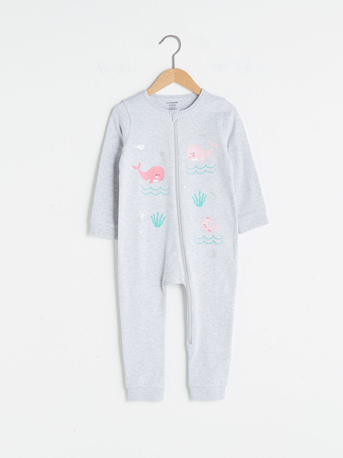 Bisiklet Yaka Uzun Kollu Baskılı Pamuklu Kız Bebek Fermuarlı Tulum