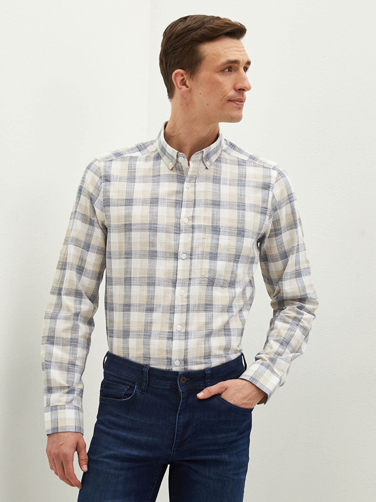 LCW CLASSIC Slim Fit Uzun Kollu Ekose Poplin Erkek Gömlek