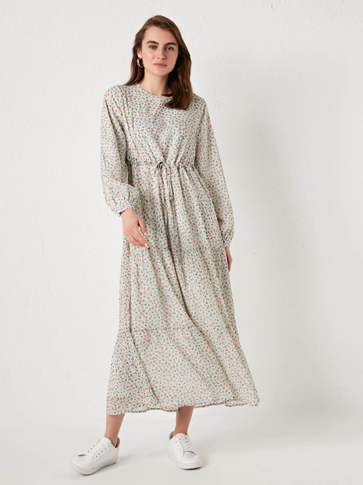 MODEST Bisiklet Yaka Baskılı Uzun Kollu Şifon Kadın Elbise