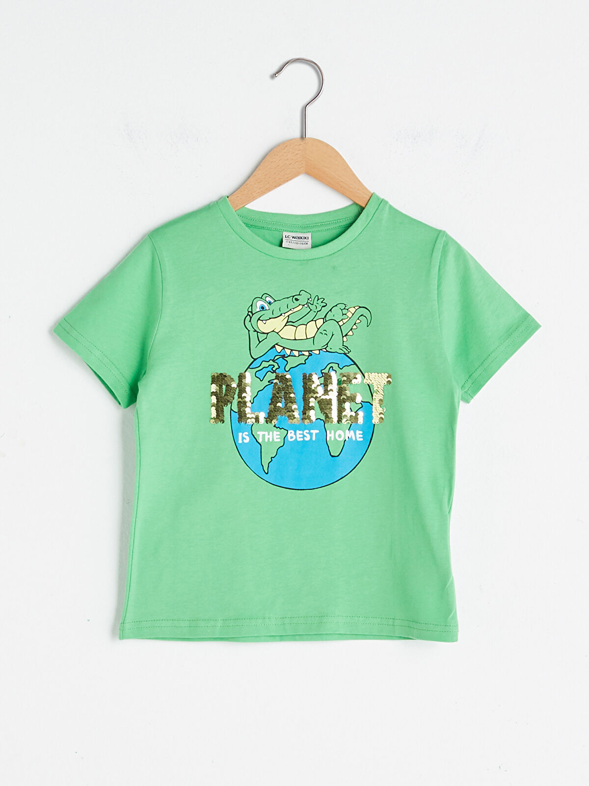 Bisiklet Yaka Baskılı Çift Yönlü Payetli Kısa Kollu Pamuklu Erkek Çocuk Tişört