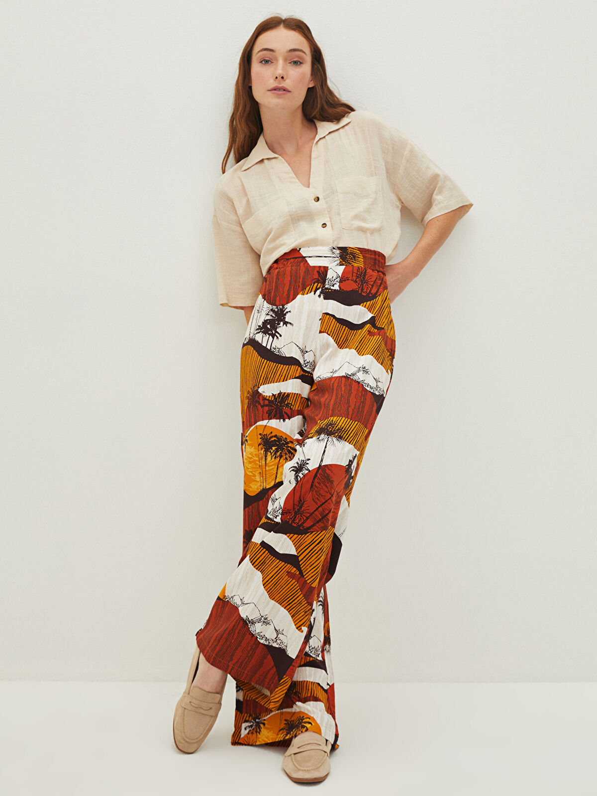 LCW BASIC Beli Lastikli Baskılı Viskon Kadın Pantolon