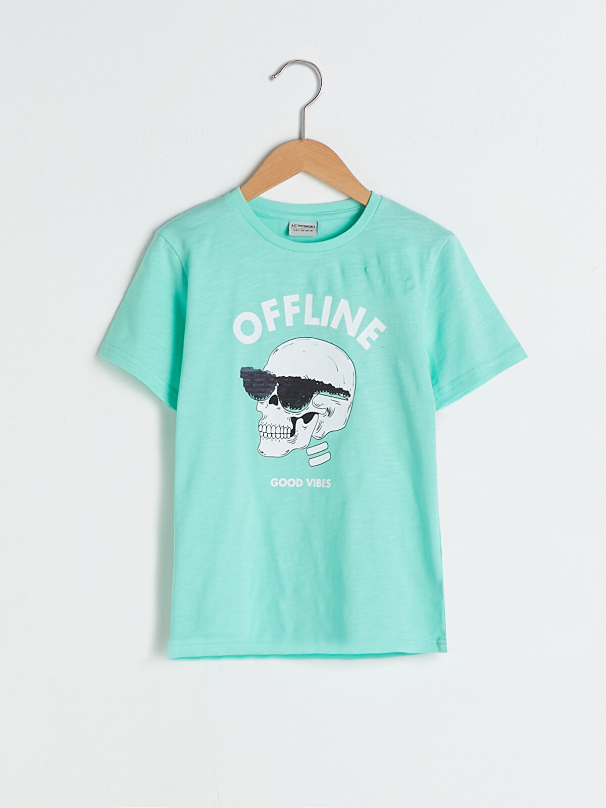 Bisiklet Yaka Baskılı Çift Yönlü Payetli Kısa Kollu Pamuklu Erkek Çocuk Tişört