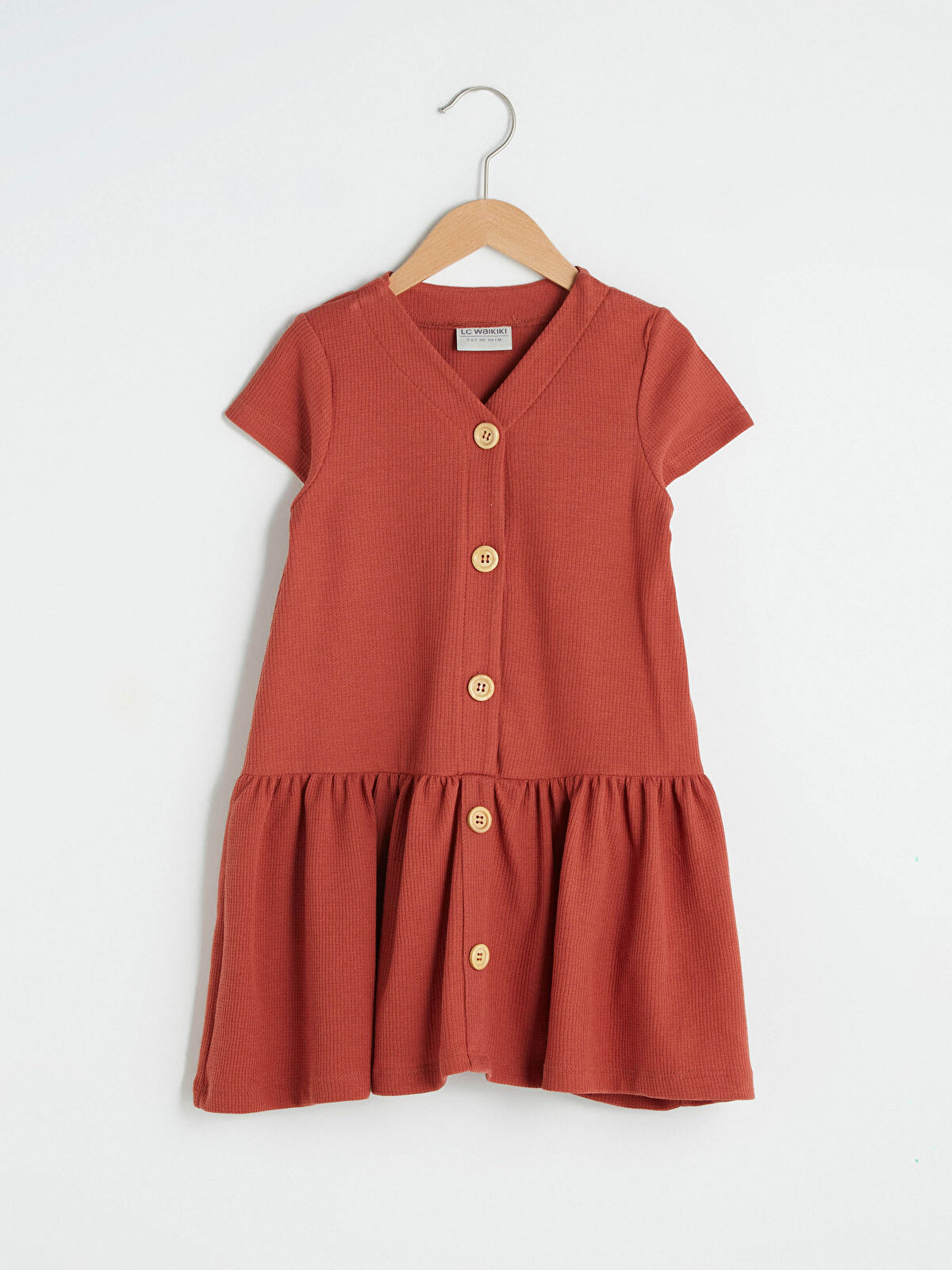 V Yaka Basic Düğme Detaylı Kısa Kollu Kız Çocuk Elbise