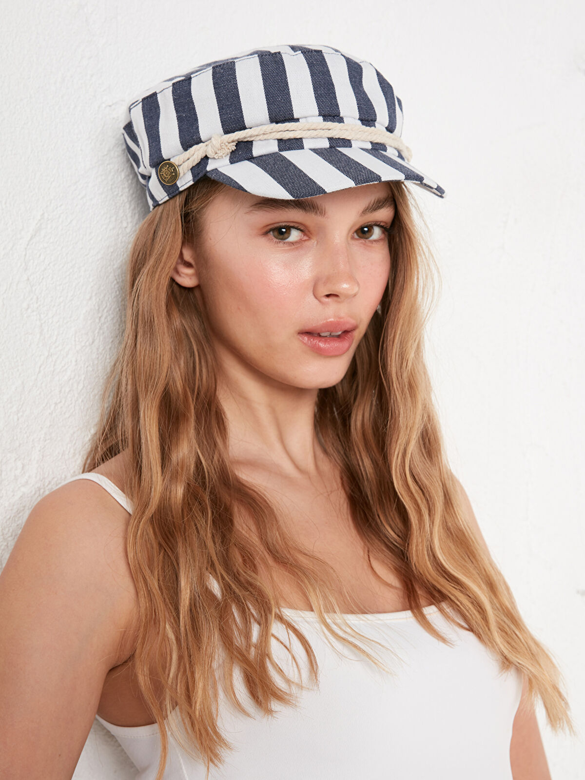 Çizgi Desenli Gabardin Kadın Denizci Şapkası