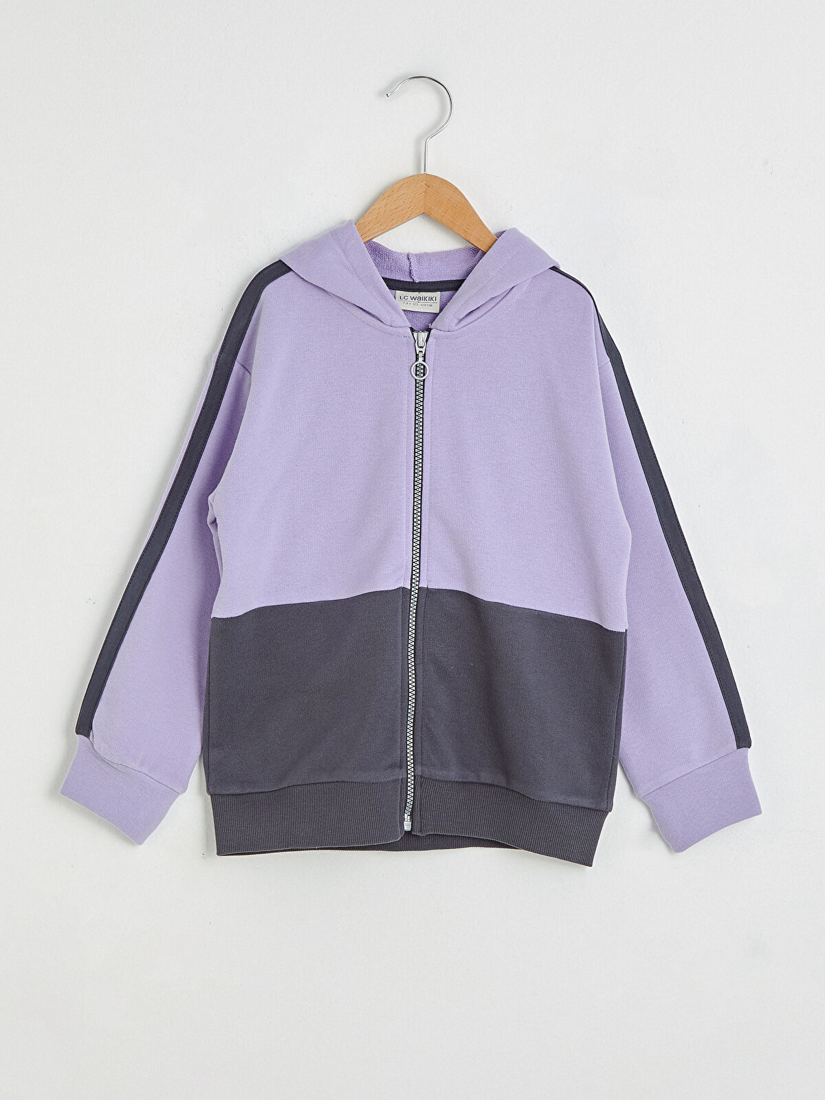 Kapüşonlu Renk Bloklu Kız Çocuk Fermuarlı Sweatshirt