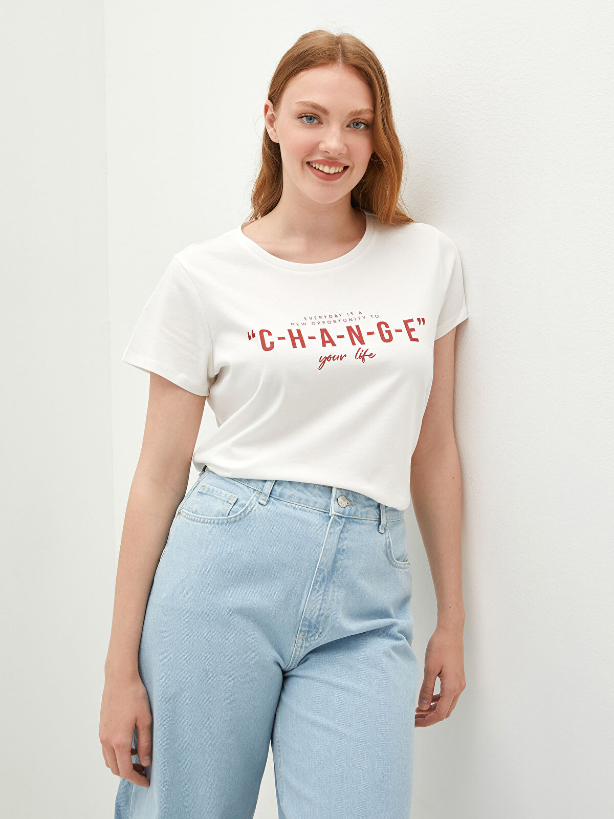 LCW CASUAL Slogan Baskılı Bisiklet Yaka Tişört