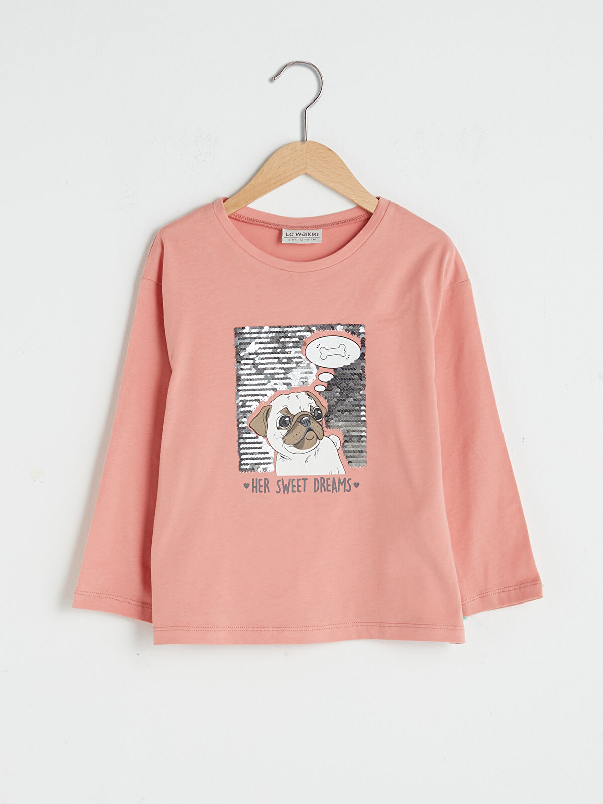 Bisiklet Yaka Baskılı Çift Yönlü Payetli Uzun Kollu Kız Çocuk Tişört