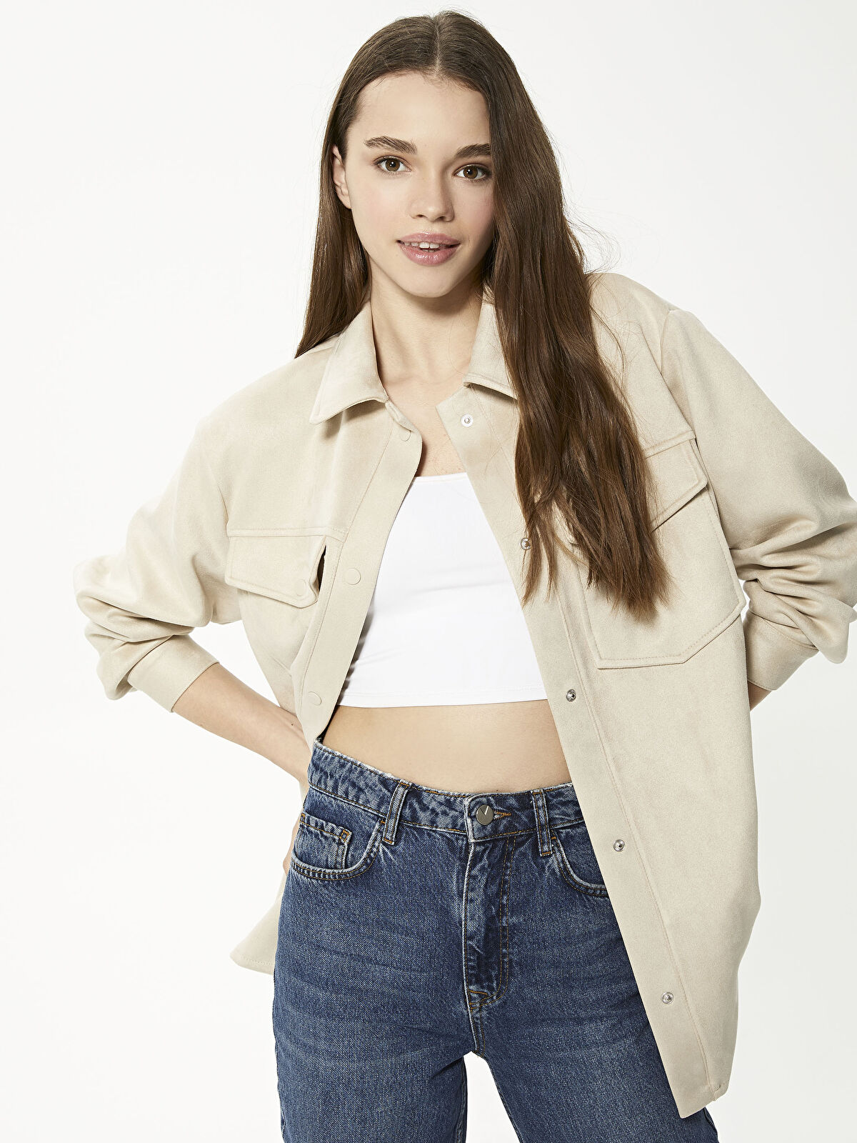 LCW CASUAL Gömlek Yaka Uzun Kollu Süet Kadın Mont