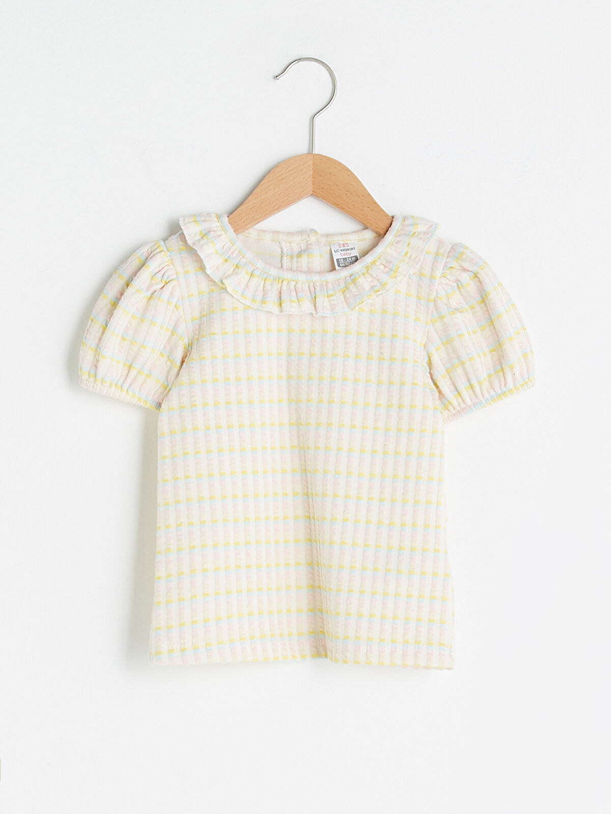 Fırfır Detaylı Bisiklet Yaka Kısa Kollu Çizgili Kız Bebek Tişört