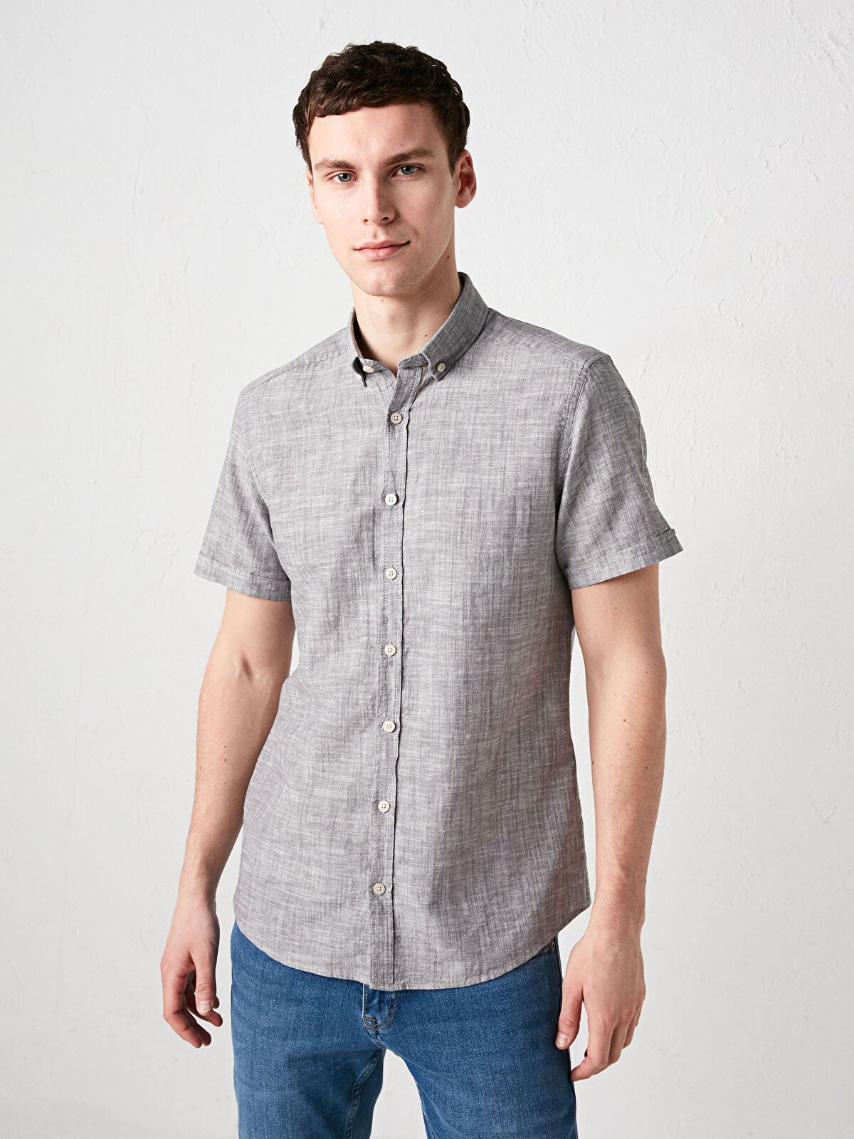 LCW BASIC Slim Fit Kısa Kollu Desenli Keten Erkek Gömlek