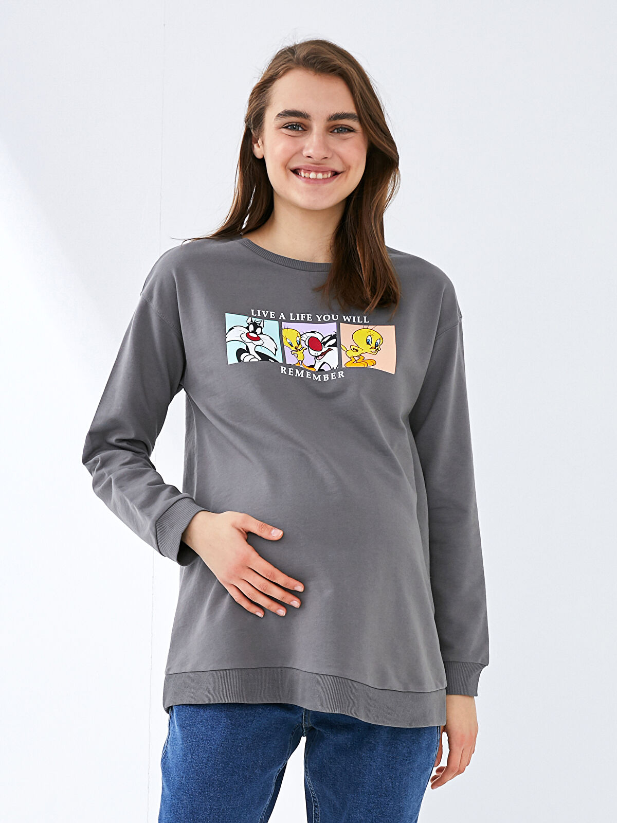 Bisiklet Yaka Looney Tunes Baskılı Uzun Kollu Hamile Sweatshirt