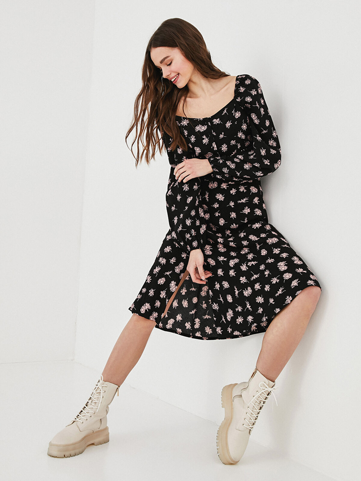 LCW CASUAL Beli Lastikli Çiçek Desenli Maroken Kadın Etek