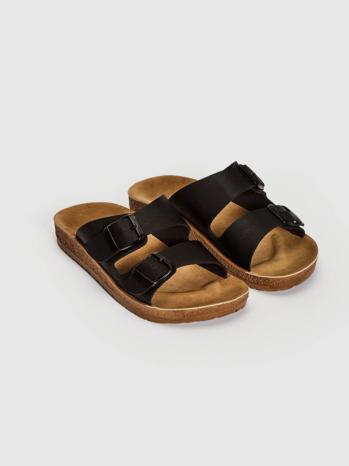 Deri Görünümlü Çift Bantlı Kadın Terlik