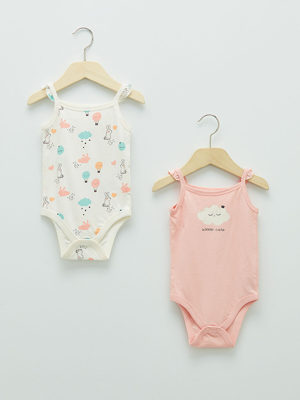 Kare Yaka Askılı Baskılı Pamuklu Kız Bebek Çıtçıtlı Body 2'li