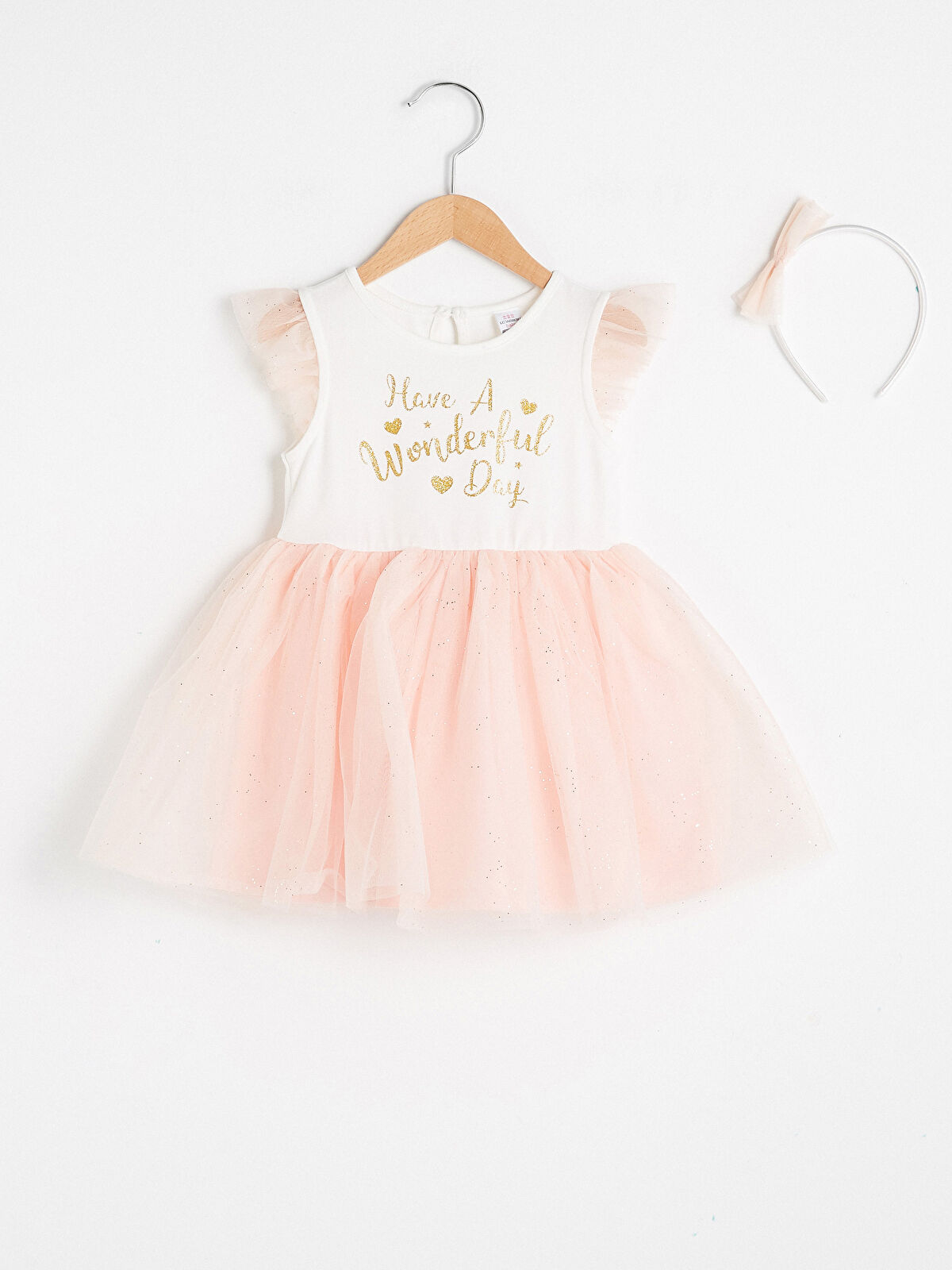 Bisiklet Yaka Kolsuz Baskılı Kız Bebek Elbise ve Taç 2'li Takım