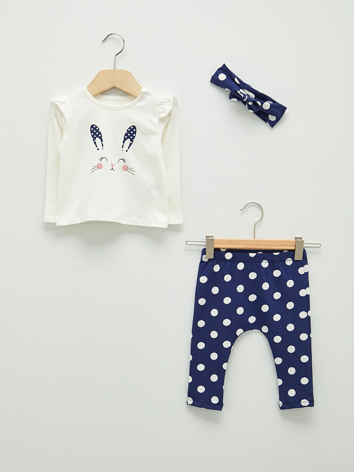 Bisiklet Yaka Uzun Kollu Baskılı Kız Bebek Pamuklu Tişört Pantolon ve Saç Bandı 3'lü Takım