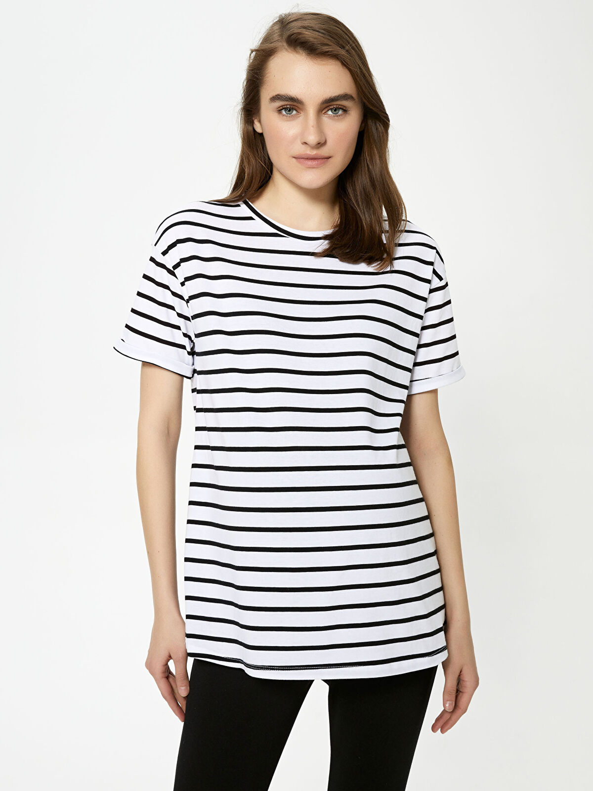 Bisiklet Yaka Çizgili Kısa Kollu Pamuklu Hamile Tişört