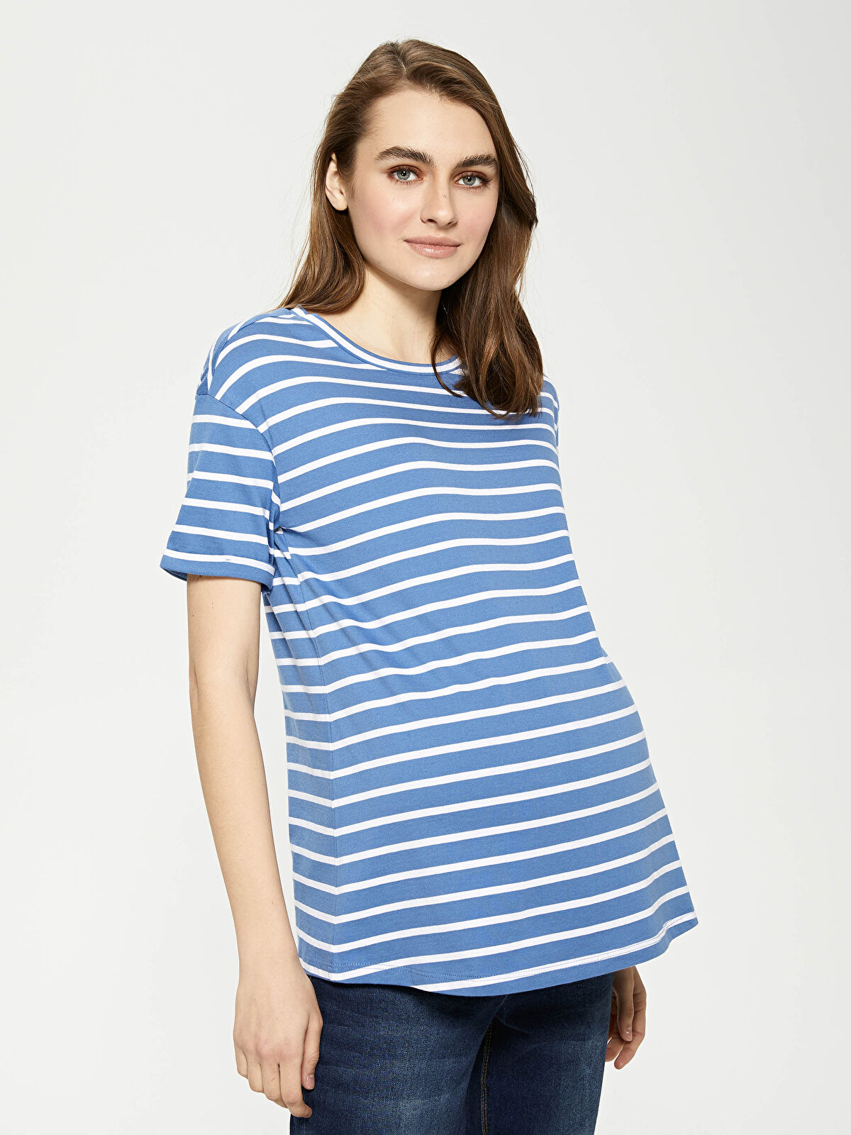Bisiklet Yaka Çizgili Kısa Kollu Pamuklu Hamile Tişört