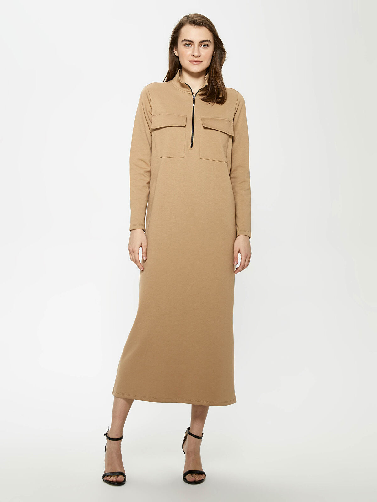 LCW CLASSIC Fermuarlı Dik Yaka Cep Detaylı Uzun Kollu Kadın Elbise