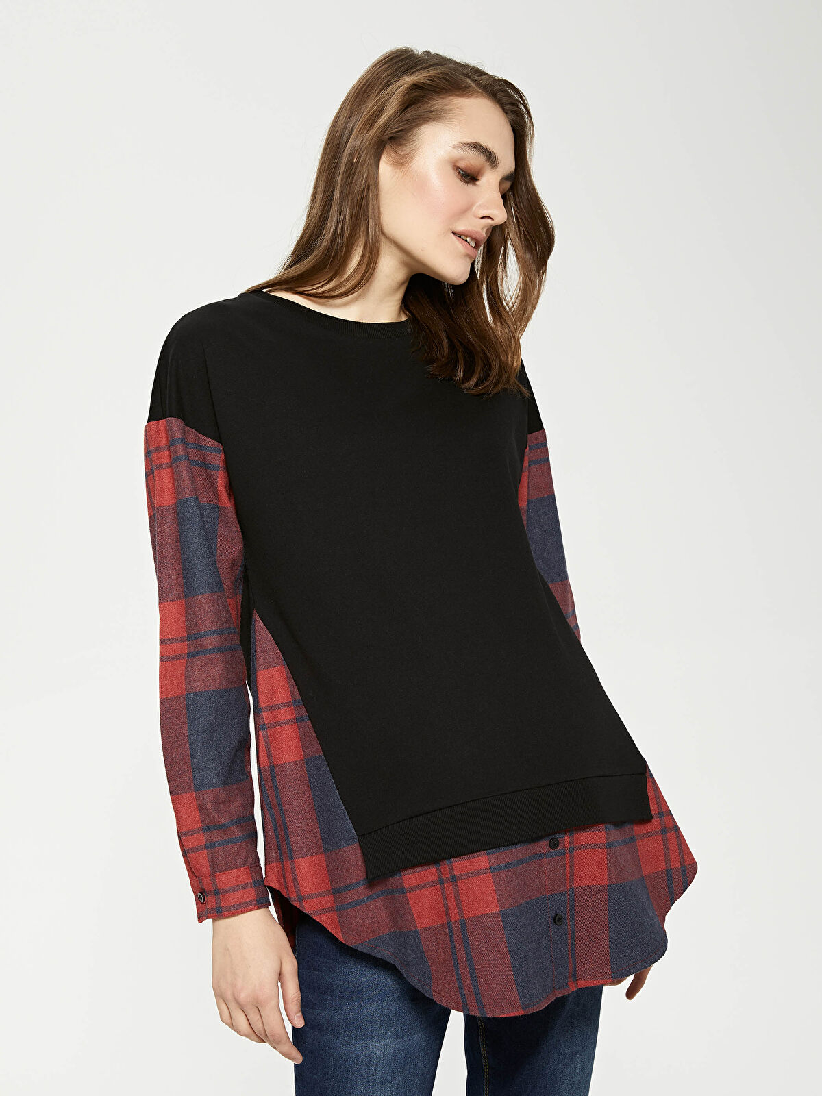 Bisiklet Yaka Ekose Desenli Uzun Kollu Hamile Sweatshirt