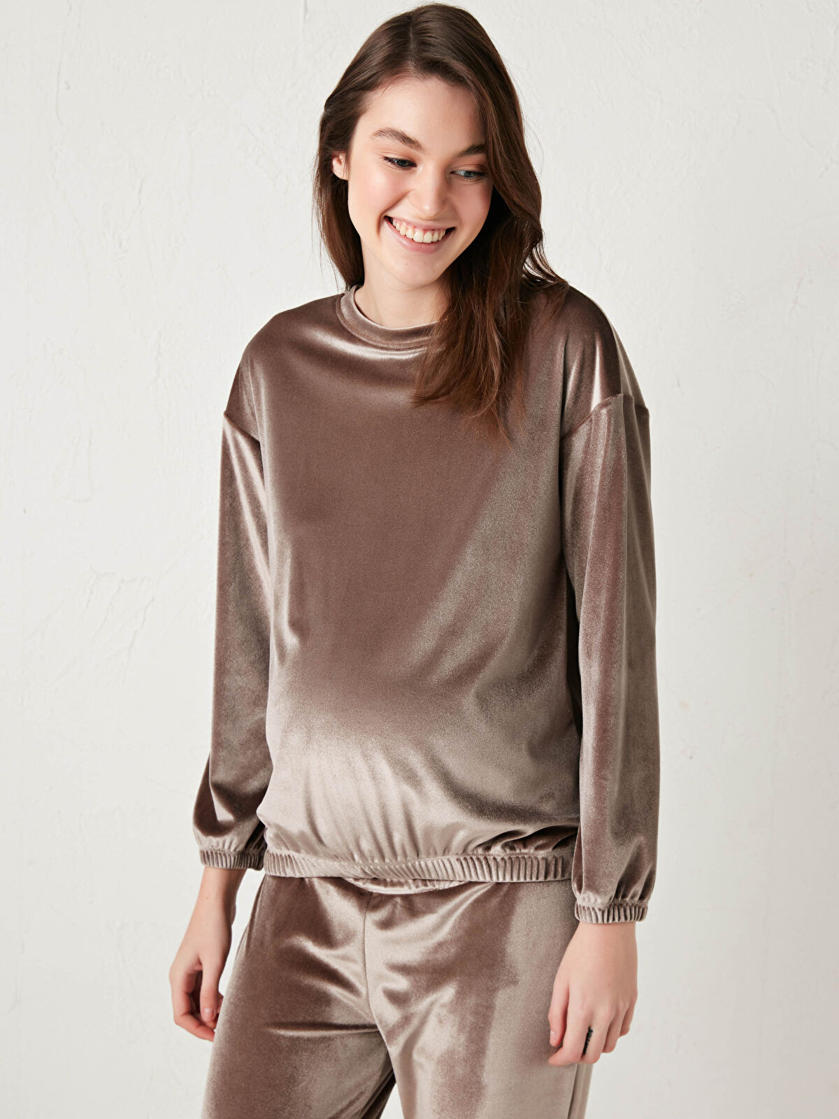 Bisiklet Yaka Düz Uzun Kollu Kadife Hamile Sweatshirt