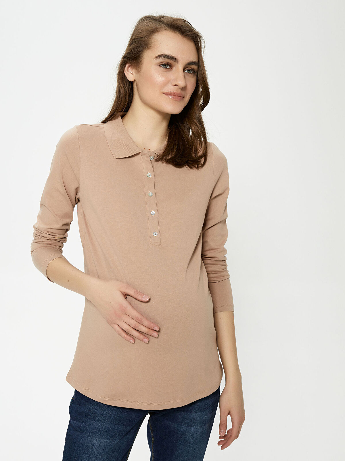 Polo Yaka Düz Uzun Kollu Emzirme Özellikli Hamile Tişört