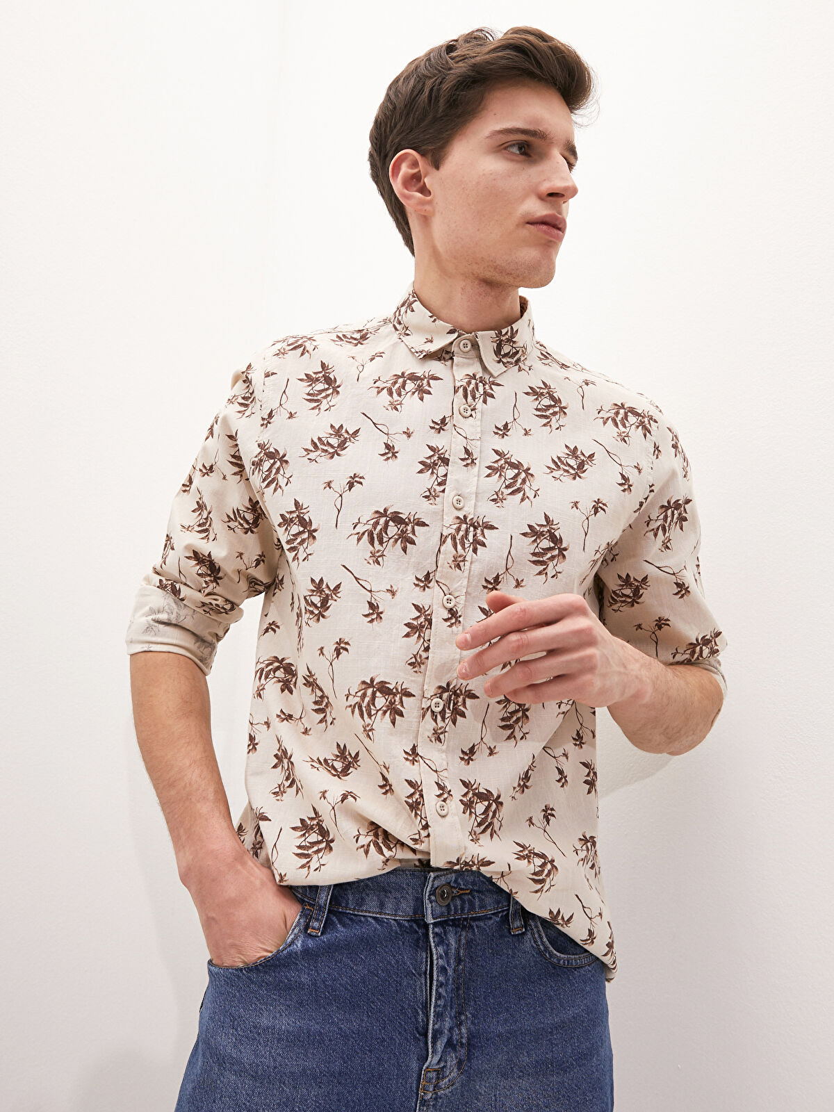 LCW CASUAL Slim Fit Uzun Kollu Desenli Poplin Erkek Gömlek