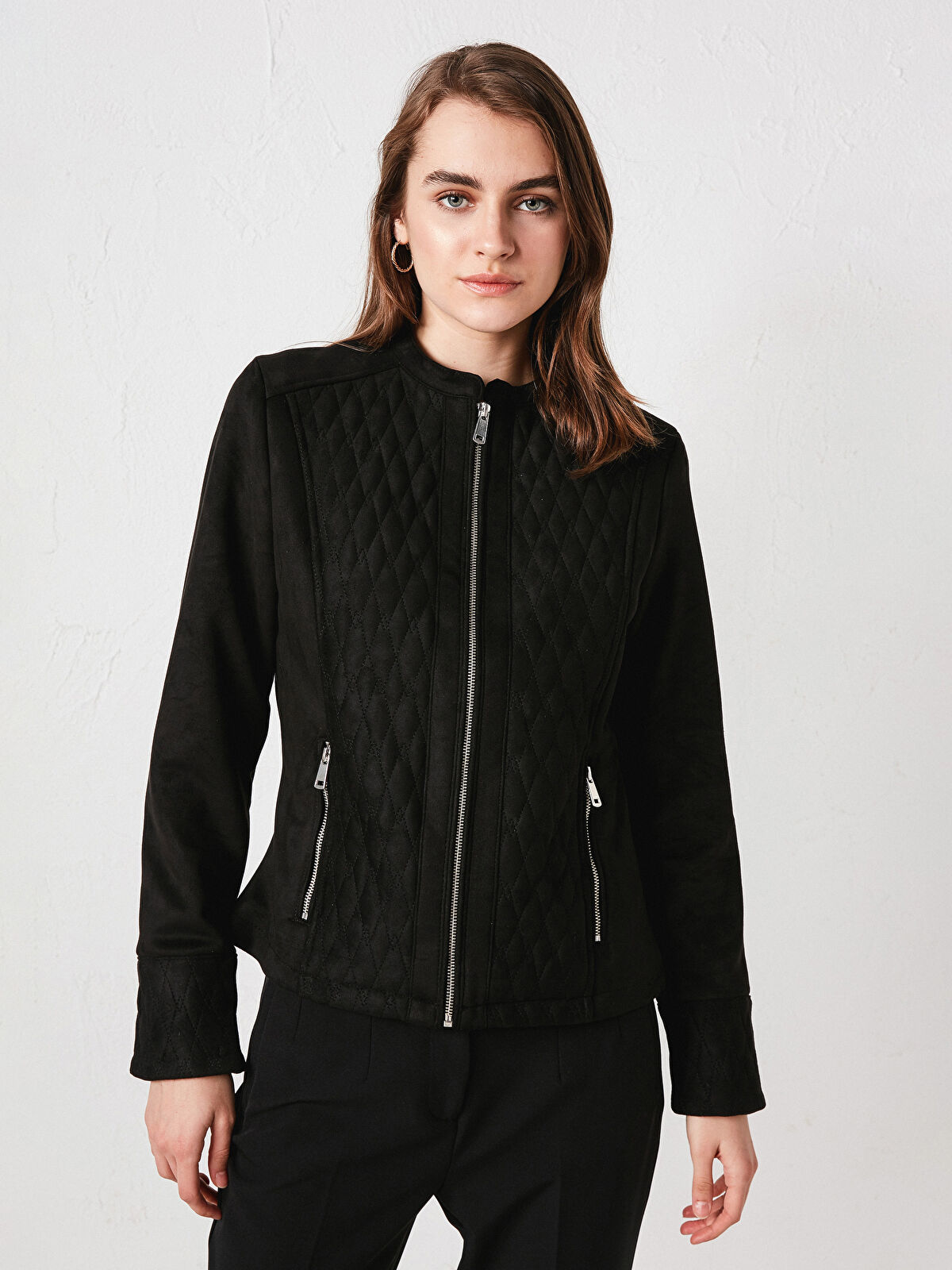 LCW CLASSIC Dik Yaka Desenli Deri Görünümlü Kadın Mont